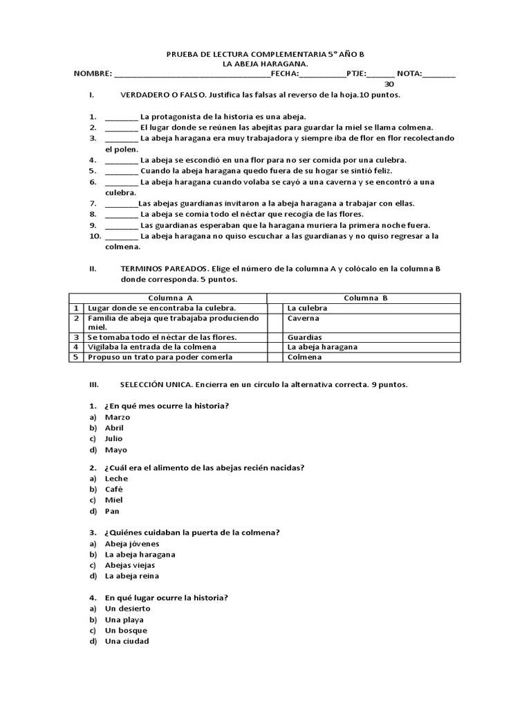 Prueba de Lectura Complementaria 5 Pie | PDF | Abejas | Colmena