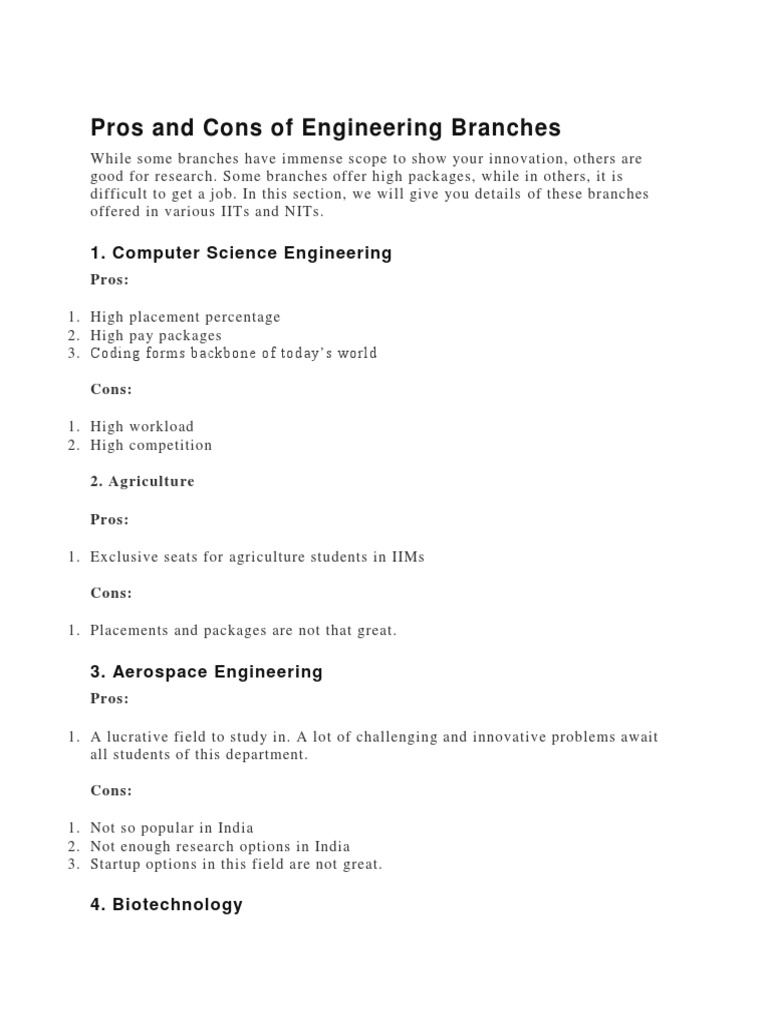 Pros and Cons of Engineering Branches | PDF | Engineering | Engineer