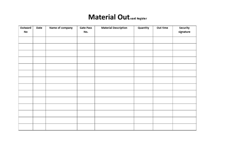 Format for Material Outward Register