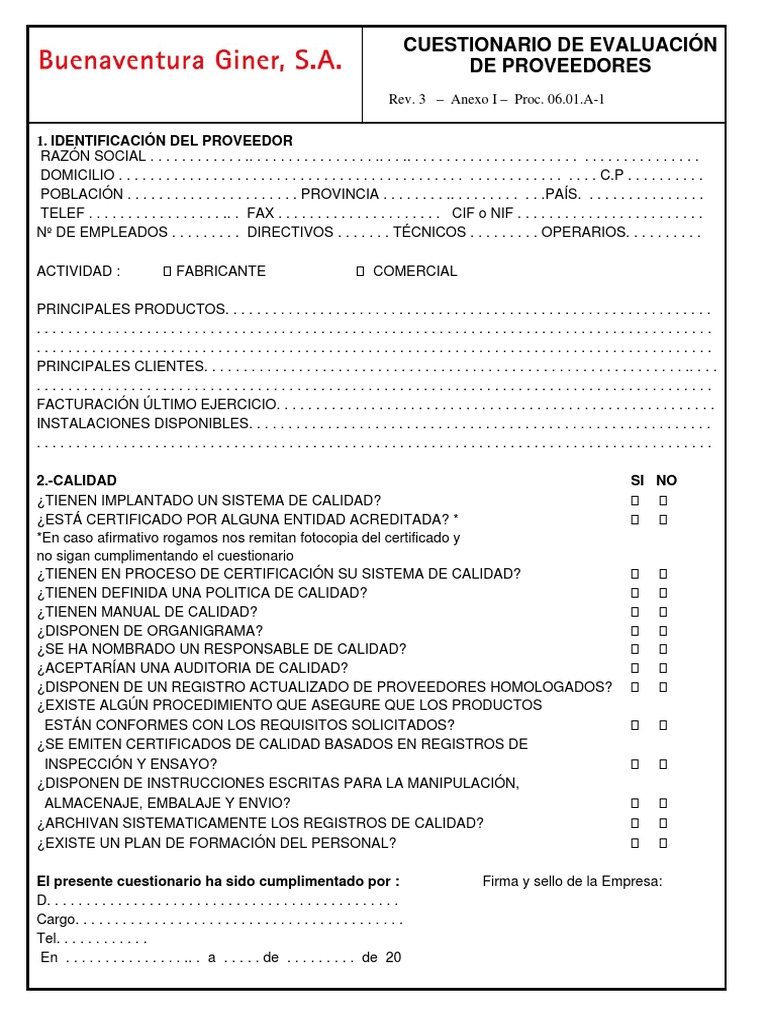 0601A1 2 Cuestionario de Evaluación de Proveedores 0601A1 2 Cuestionario de Evaluación de Proveedores
