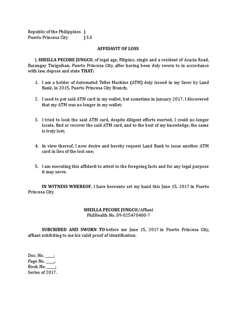 Affidavit of Loss (ATM) | PDF