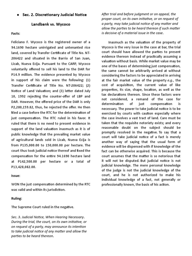Landbank vs. Wycoco Digest | PDF | Judicial Notice | Just Compensation