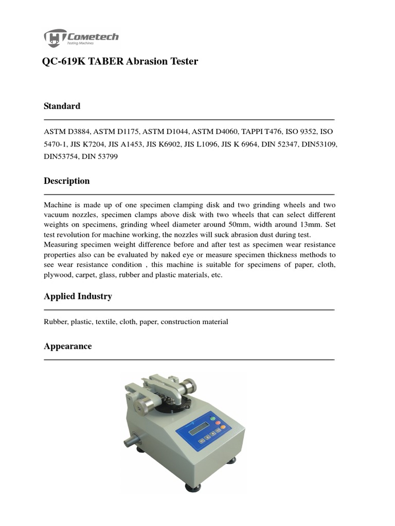 QC-619K TABER Abrasion Tester Overview | PDF | Grinding (Abrasive ...