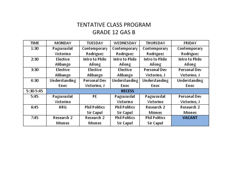 Tentative Class Program Grade 12 Gas B: Recess | PDF