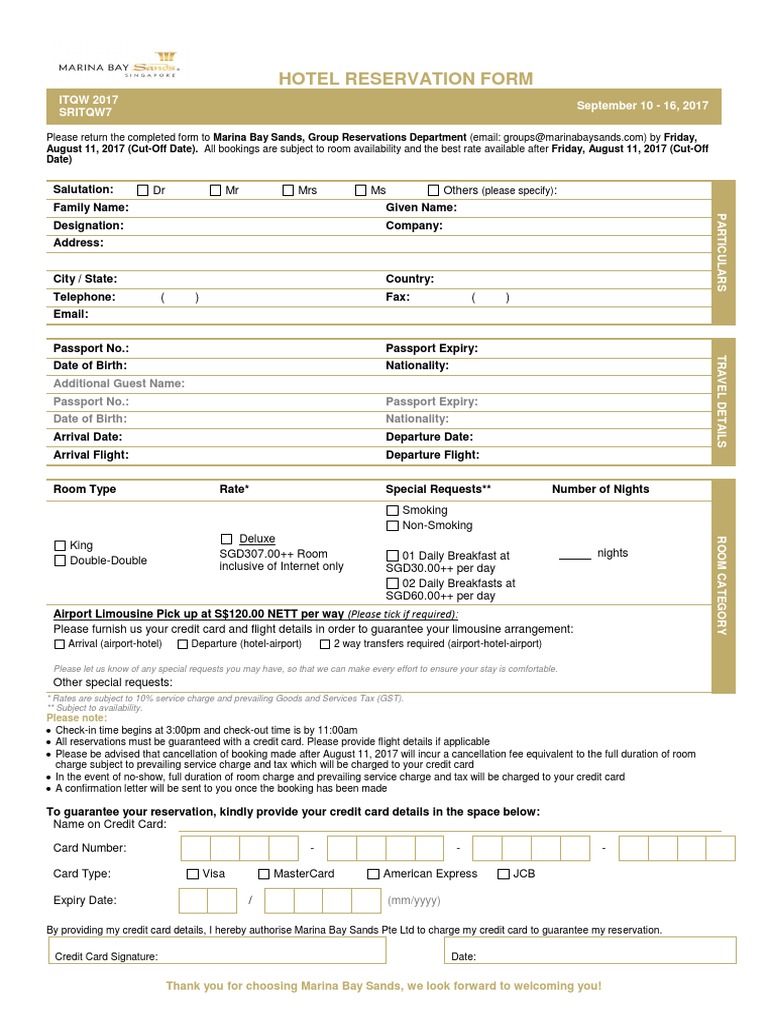 Marina Bay Sands Hotel Reservation Form | PDF | Credit Card | Payments