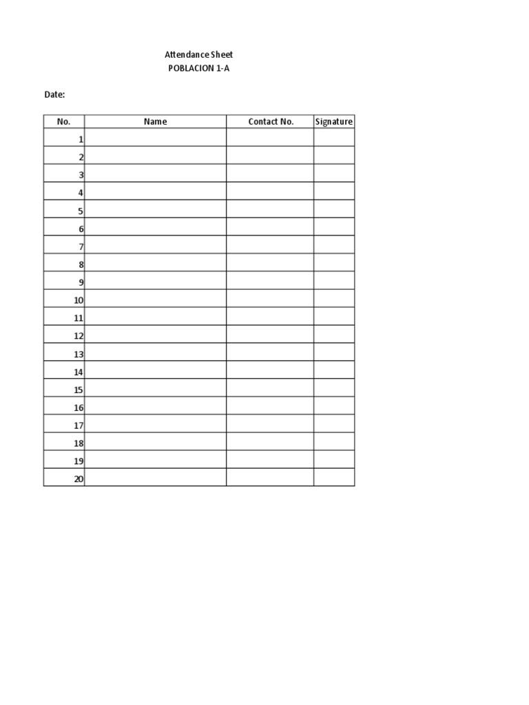 Attendance Sheet Poblacion 1-A Date: No. Name Contact No. Signature 1 2 ...