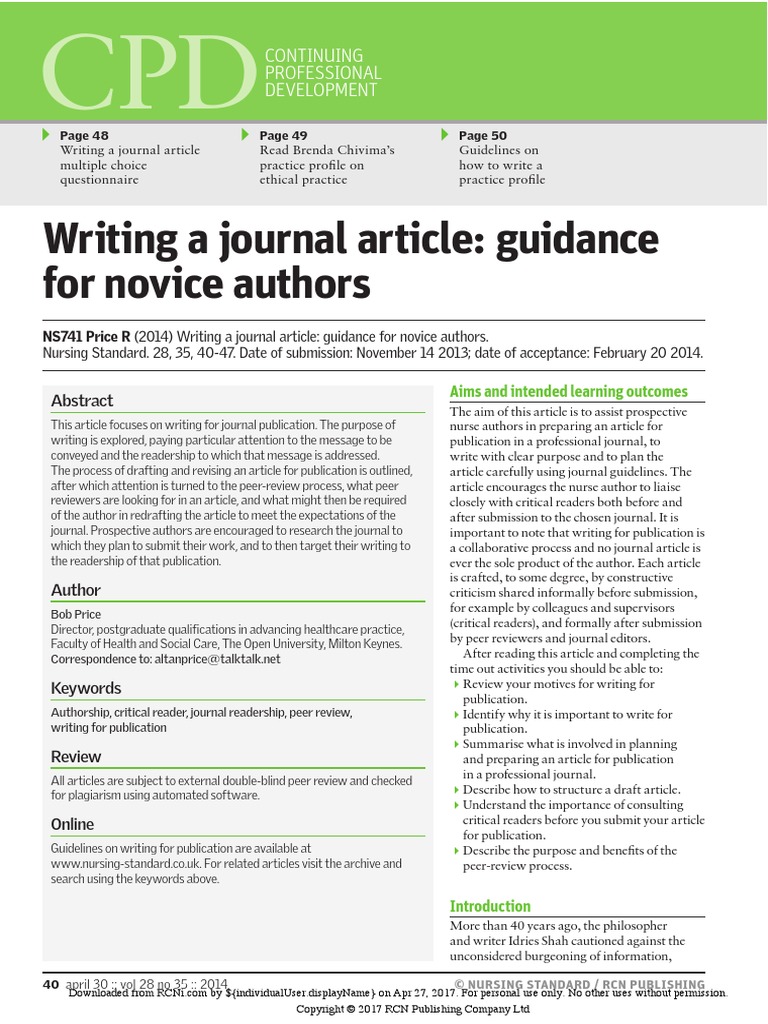 Writing A Journal Article: Guidance For Novice Authors: Continuing ...