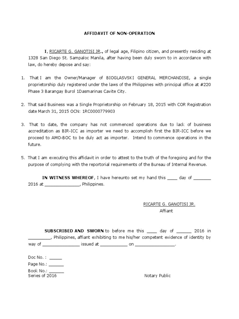 AFFIDAVIT of Non-Opeartion | PDF