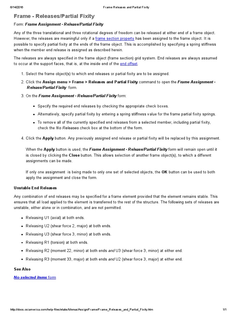 Specifying End Releases and Partial Fixity for Frame Elements in ETABS | PDF | Stiffness ...