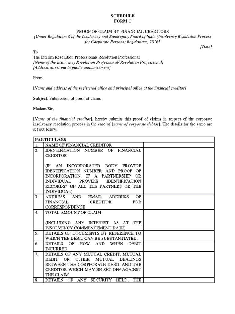 form c - proof of claim by financial creditors