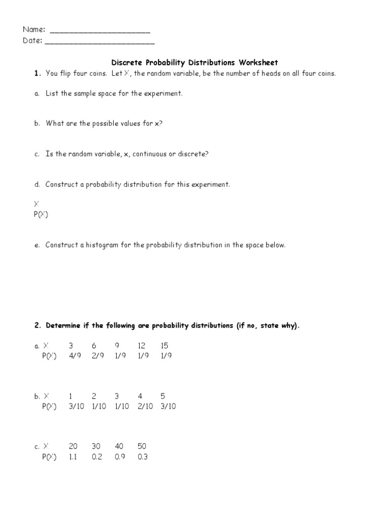 Discrete Probability Distributions Worksheet | PDF | Probability ...
