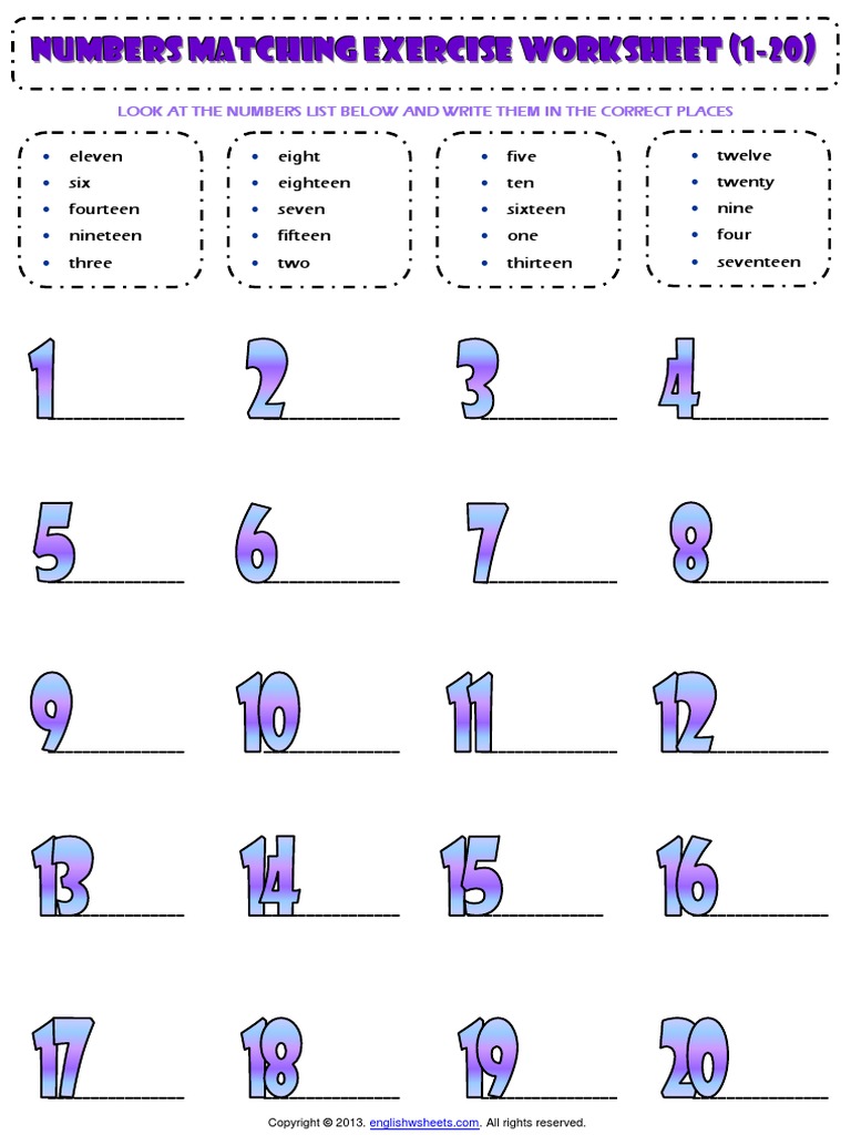 Numbers 1 To 20 Esl Vocabulary Matching Exercise Worksheet PDF | PDF