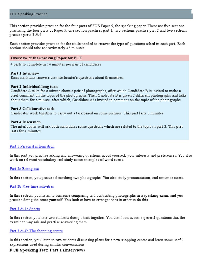 FCE Speaking Structure, Tips, Vocabulary & Samples | PDF | Languages