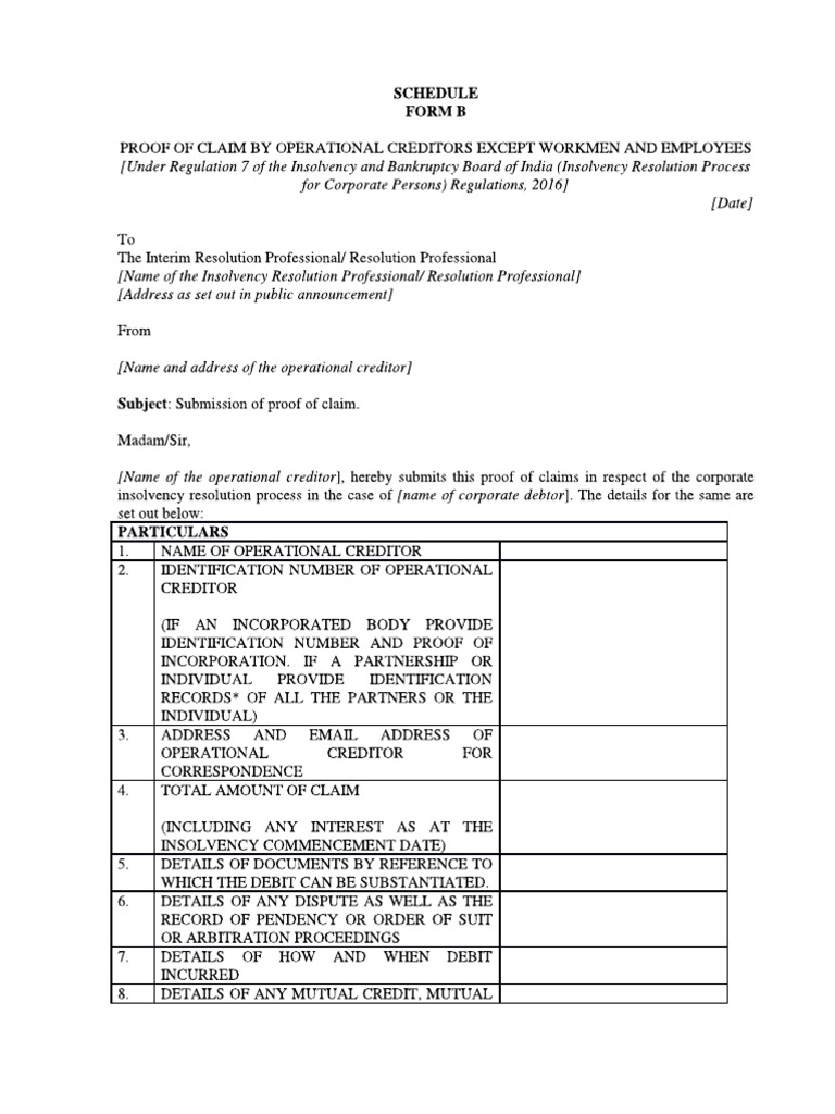 Form B - Proof of Claim by Operational Creditors Except Workmen and ...