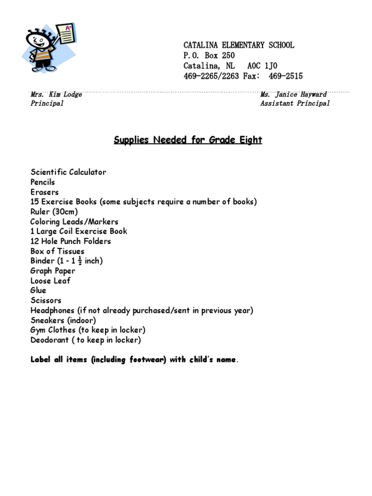Grade 8 Supply List Catalina School | PDF