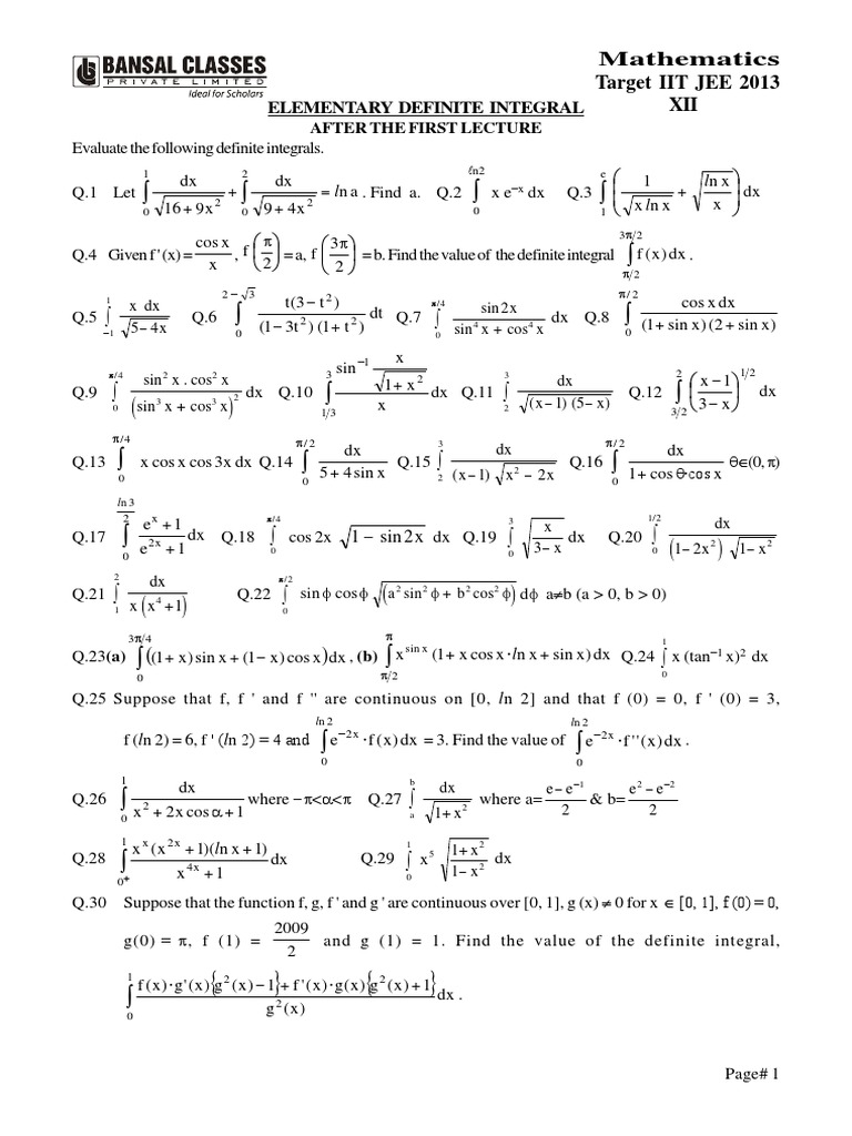 IIT JEE Integral Calculus Practice | PDF | Mathematical Relations ...