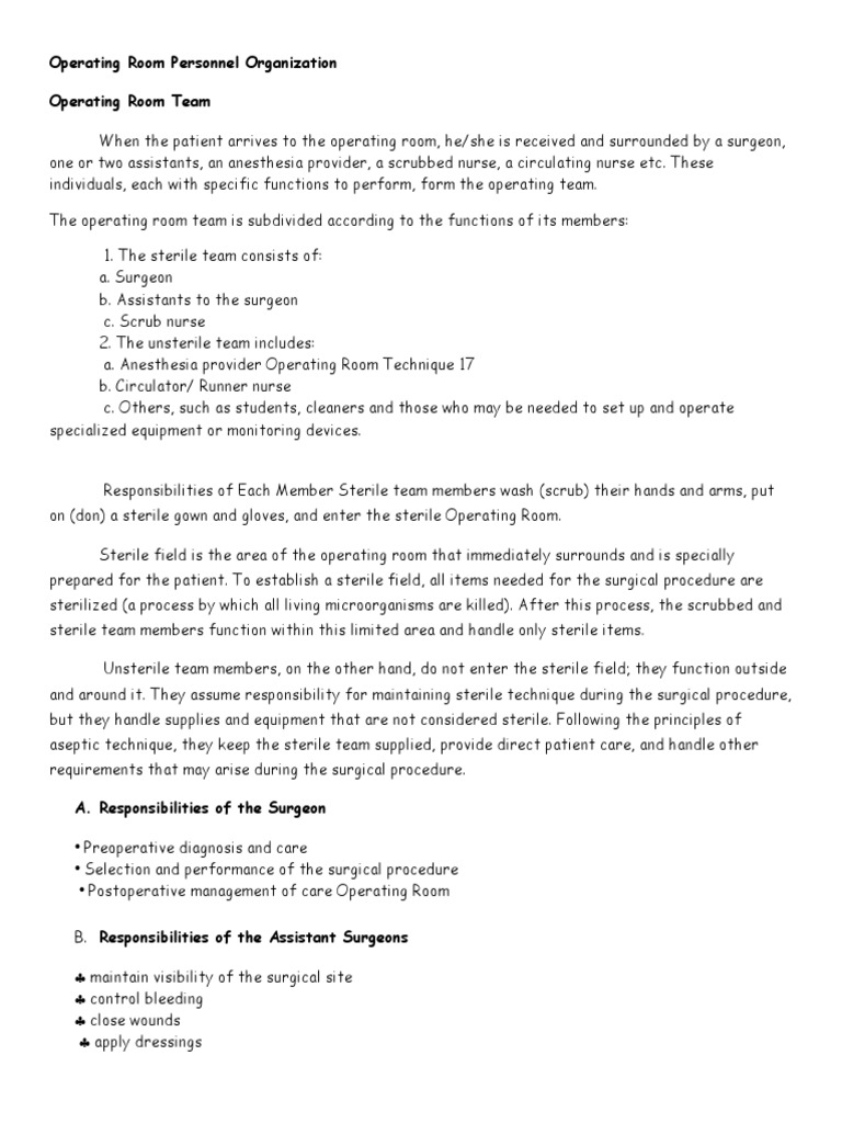 Operating Room Personnel Organization | PDF | Operating Theater | Surgery