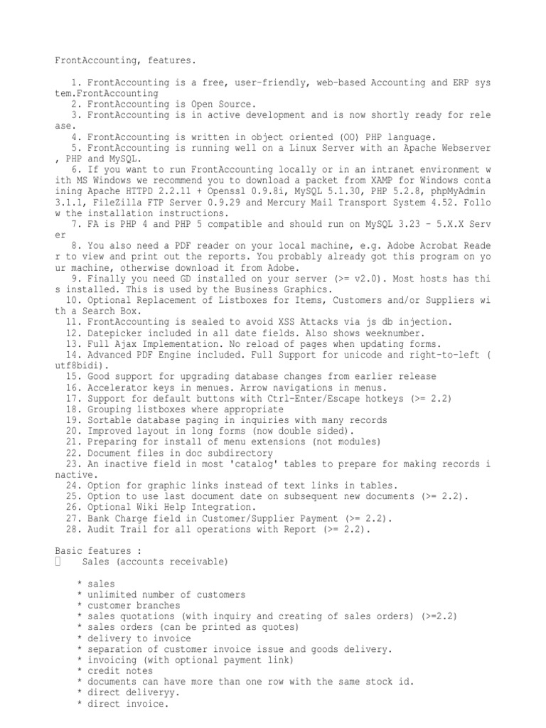 FrontAccounting Features Overview | PDF | Value Added Tax | Point Of Sale