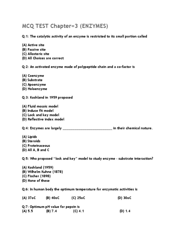 MCQ TEST Chapter 3 (ENZYMES) | PDF | Active Site | Enzyme