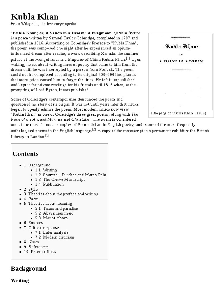 Kubla Khan | PDF | Samuel Taylor Coleridge | Poetry