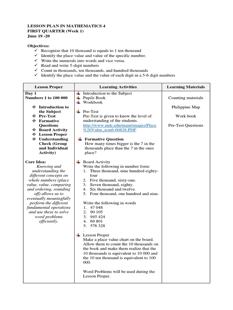Lesson Plan in Mathematics 4 First Quarter (Week 1) June 19 - 20 ...