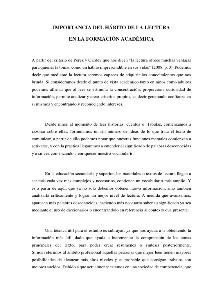 Ensayo Importancia Del Hábito de La Lectura en La Formación Académica ...