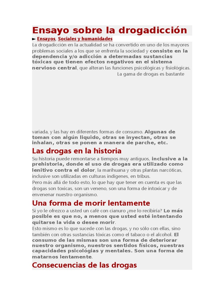 Ensayo Sobre La Drogadicción | PDF | La dependencia de sustancias | Ciencias del comportamiento