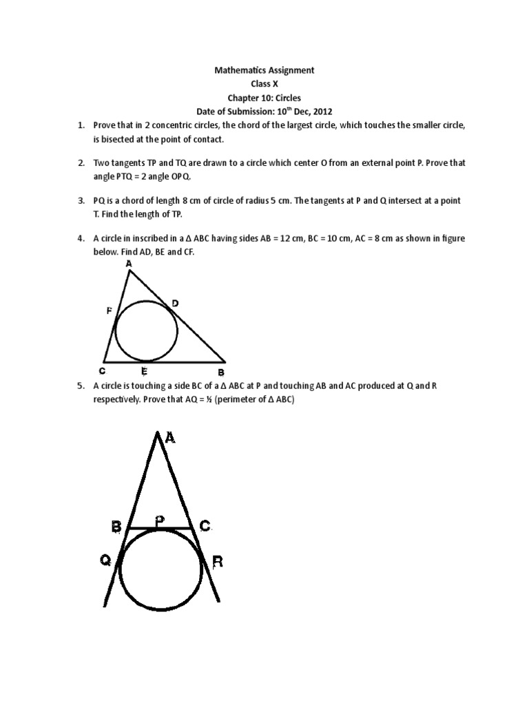 Mathematics Assignment Class X Chapter 10: Circles Date of Submission ...