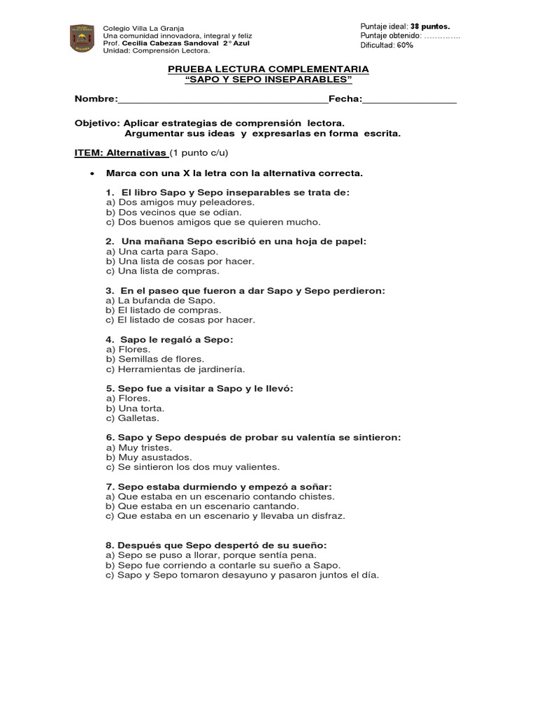 Prueba de Comprensión: Sapo y Sepo | PDF