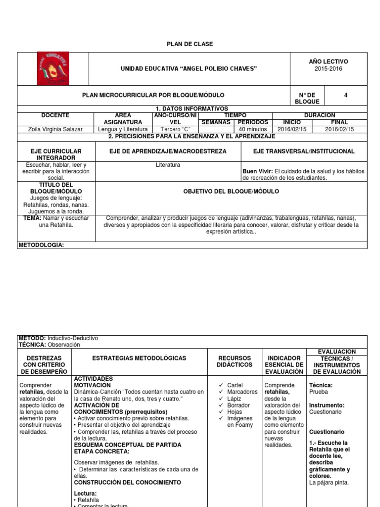 Plan de Clase Lengua y Literatura Zoilita 4 | PDF | Lectura (proceso) | Aprendizaje