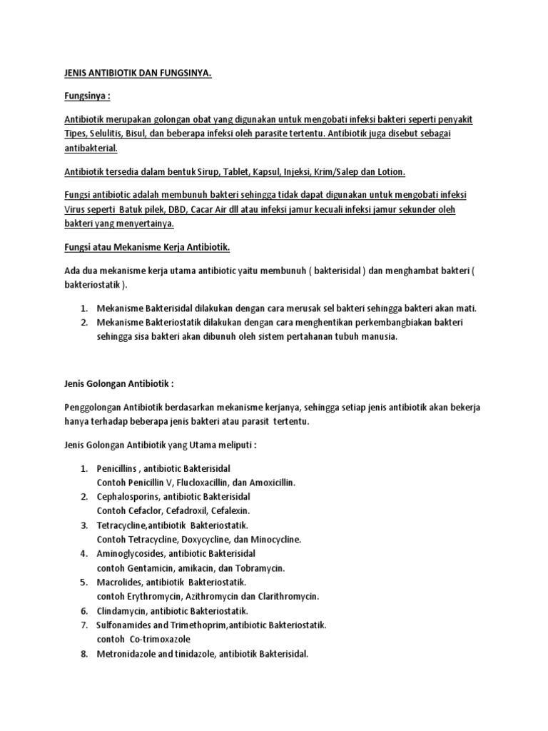 Jenis Antibiotik Dan Fungsinya | PDF