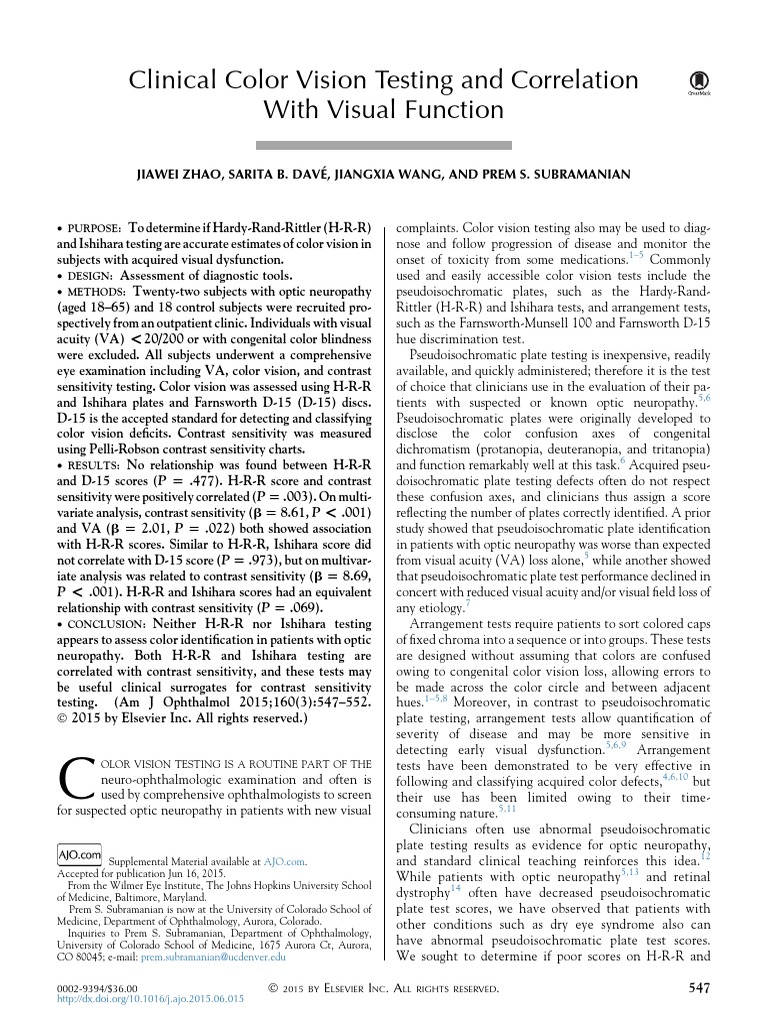 Clinical Color Vision Testing and Correlation With Visual Function ...