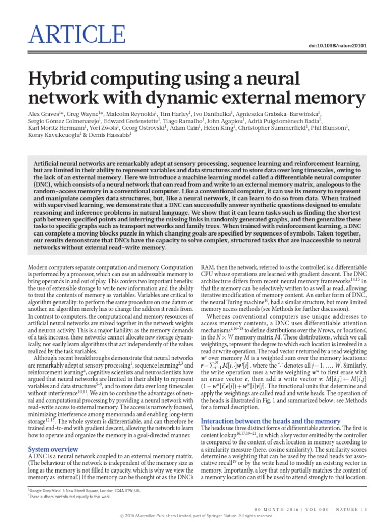 Article: Hybrid Computing Using A Neural Network With Dynamic External Memory | PDF | Artificial ...