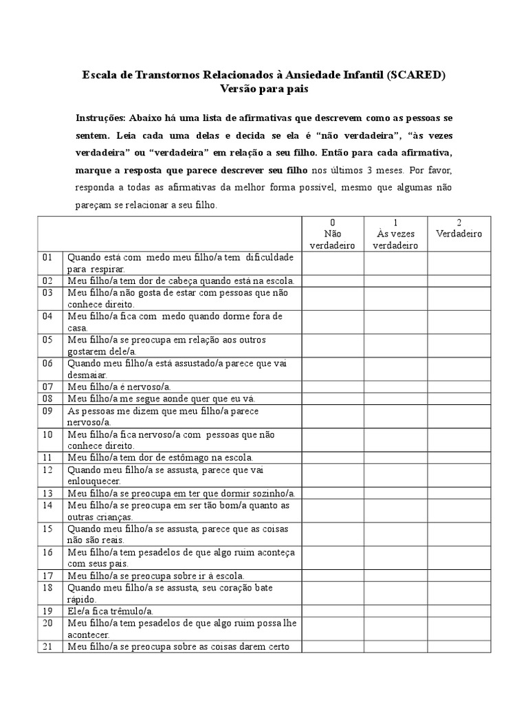 SCARED - Versao para Pais | PDF | Timidez | Ansiedade