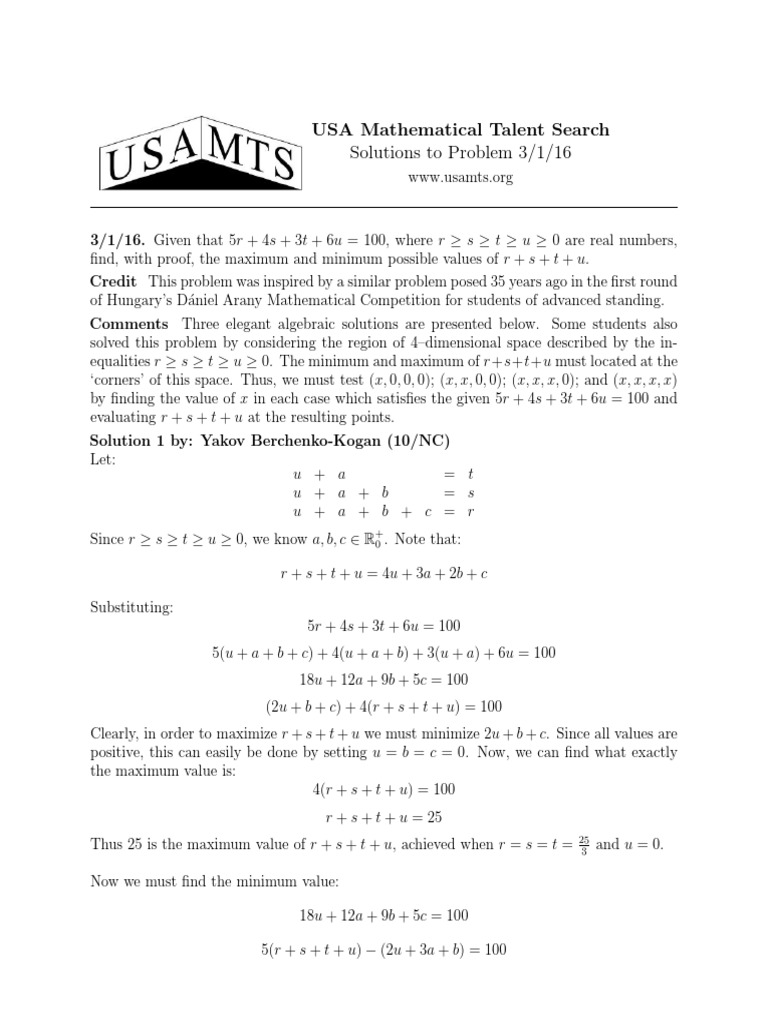 USA Mathematical Talent Search Solutions To Problem 3/1/16 | PDF ...