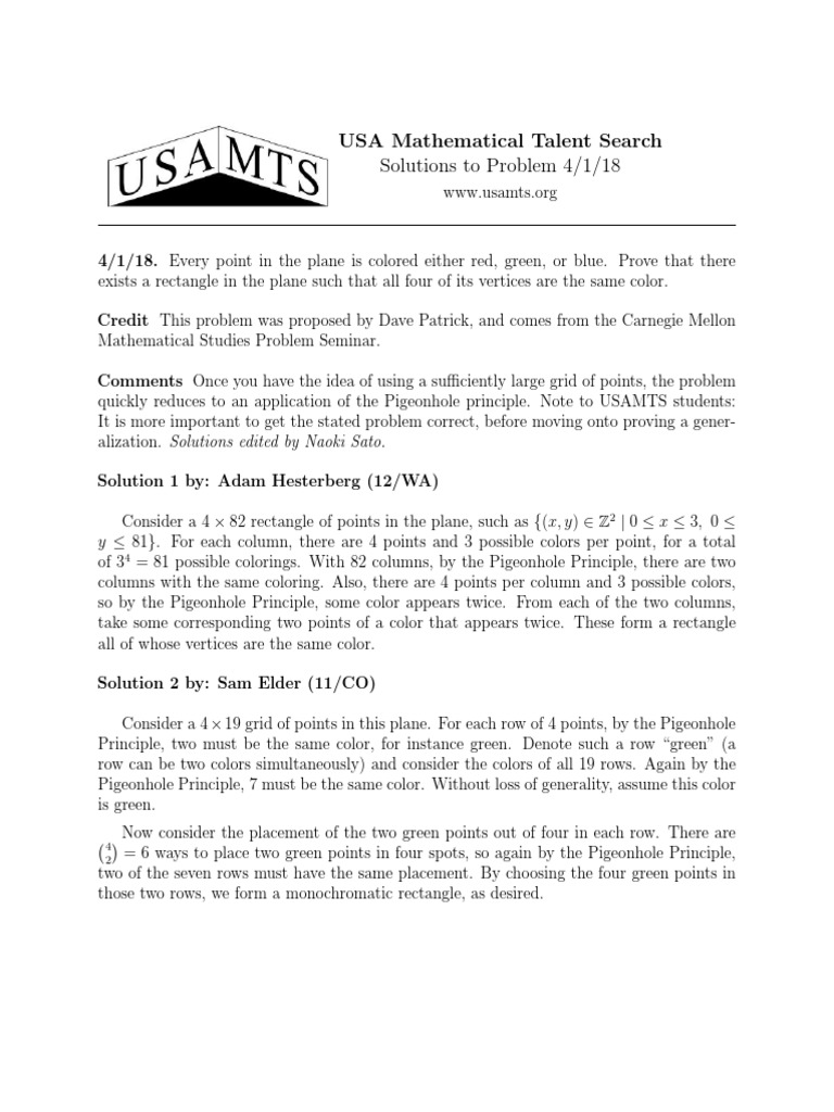 USA Mathematical Talent Search Solutions To Problem 4/1/18 | PDF ...