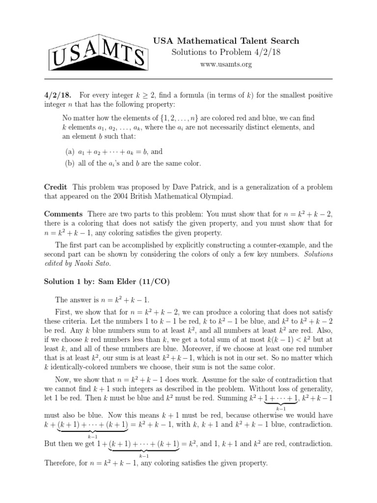 USA Mathematical Talent Search Solutions To Problem 4/2/18 | PDF ...