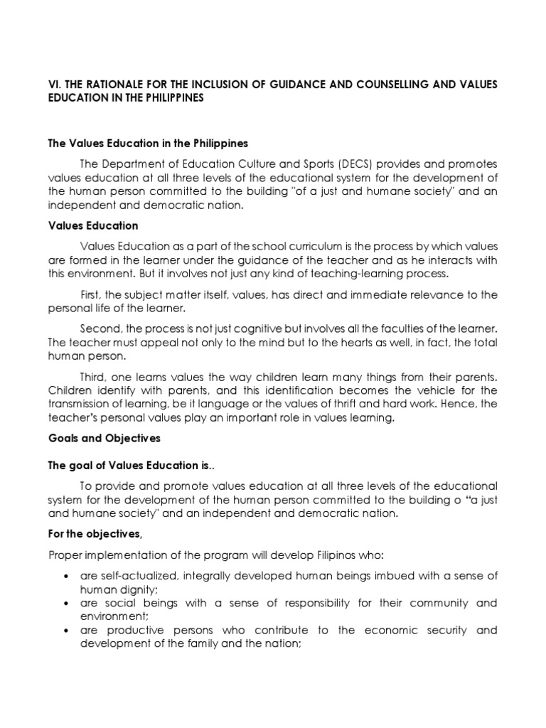 A Comprehensive Framework for Values Education and Guidance Counseling ...