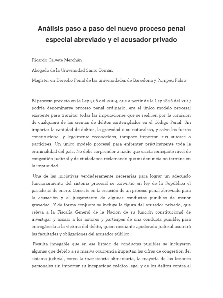 Análisis Paso a Paso Del Nuevo Proceso Penal Especial Abreviado y El Acusador Privado ...