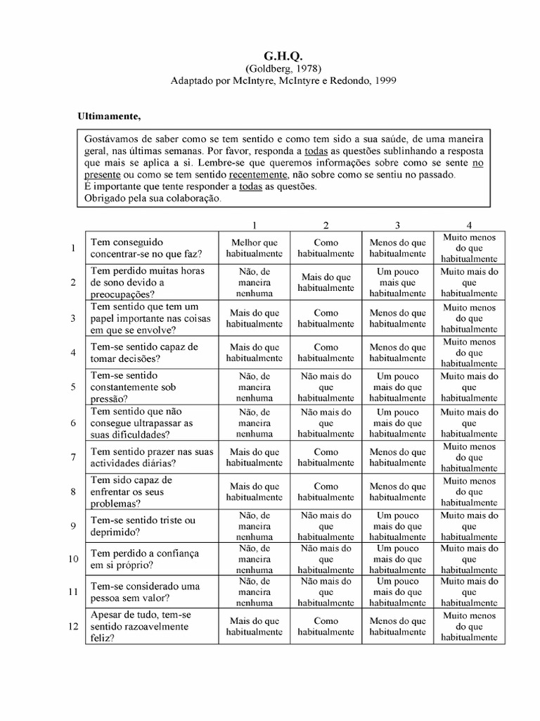 Goldberg General Health Questionnaire GHQ Questionario Geral Da Saude Adaptado A Portugal Por ...