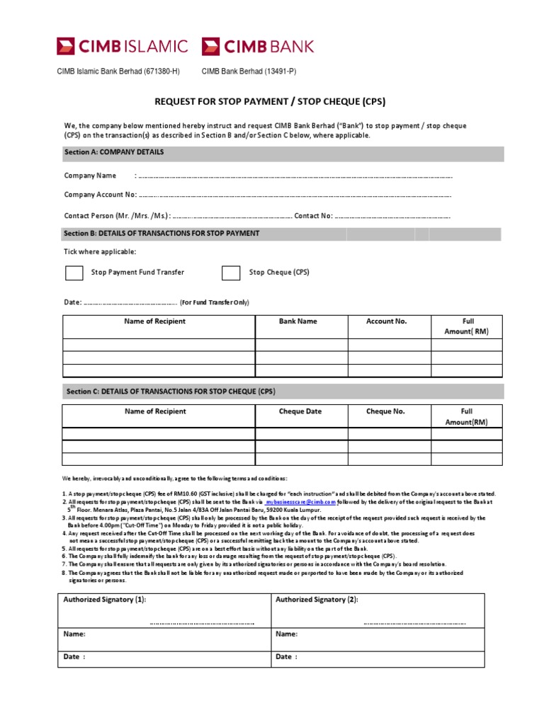 Stop Payment Stop Cheque (CPS) | PDF | Payments | Cheque