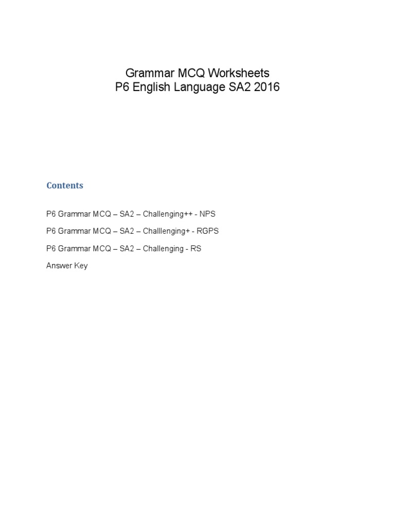 P6 Grammar MCQ Worksheet SA2 2016 | PDF