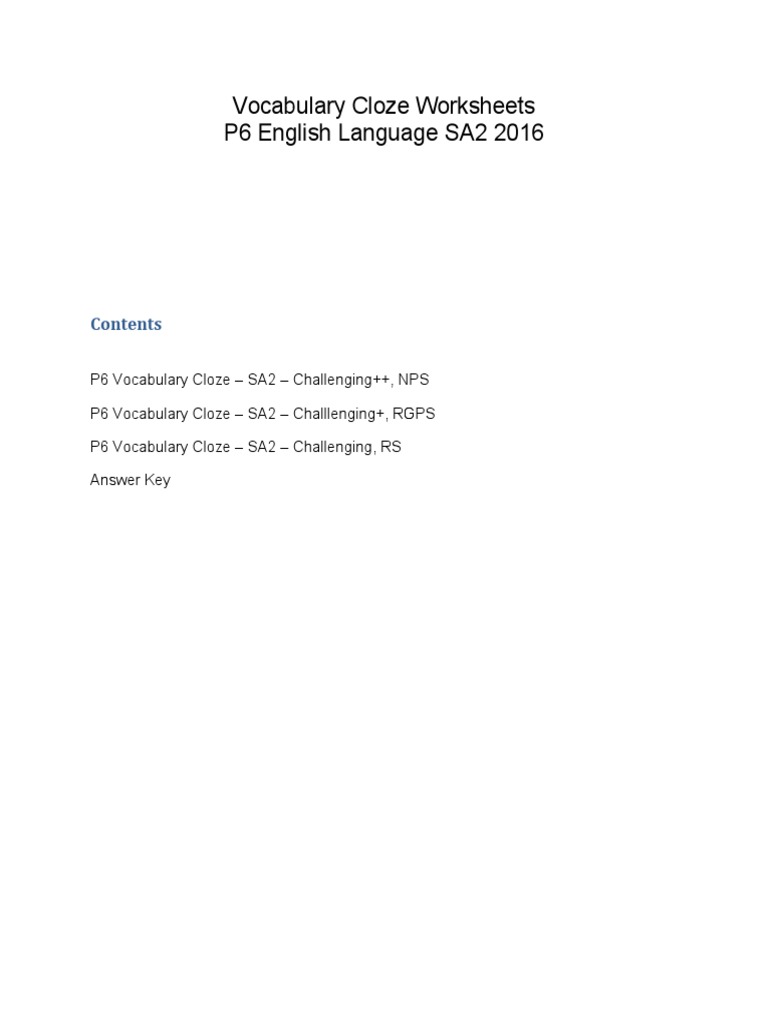P6 Vocabulary Cloze Practice Worksheets | PDF