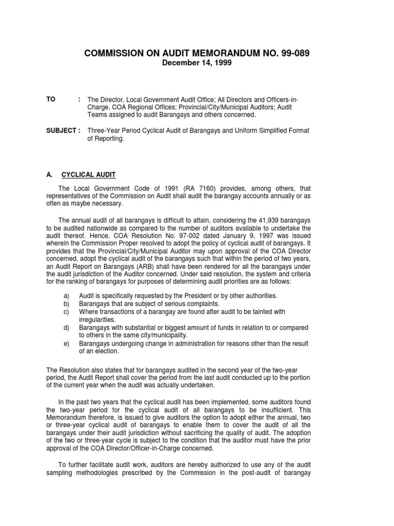 COA Memo 99-089 | PDF | Auditor's Report | Audit