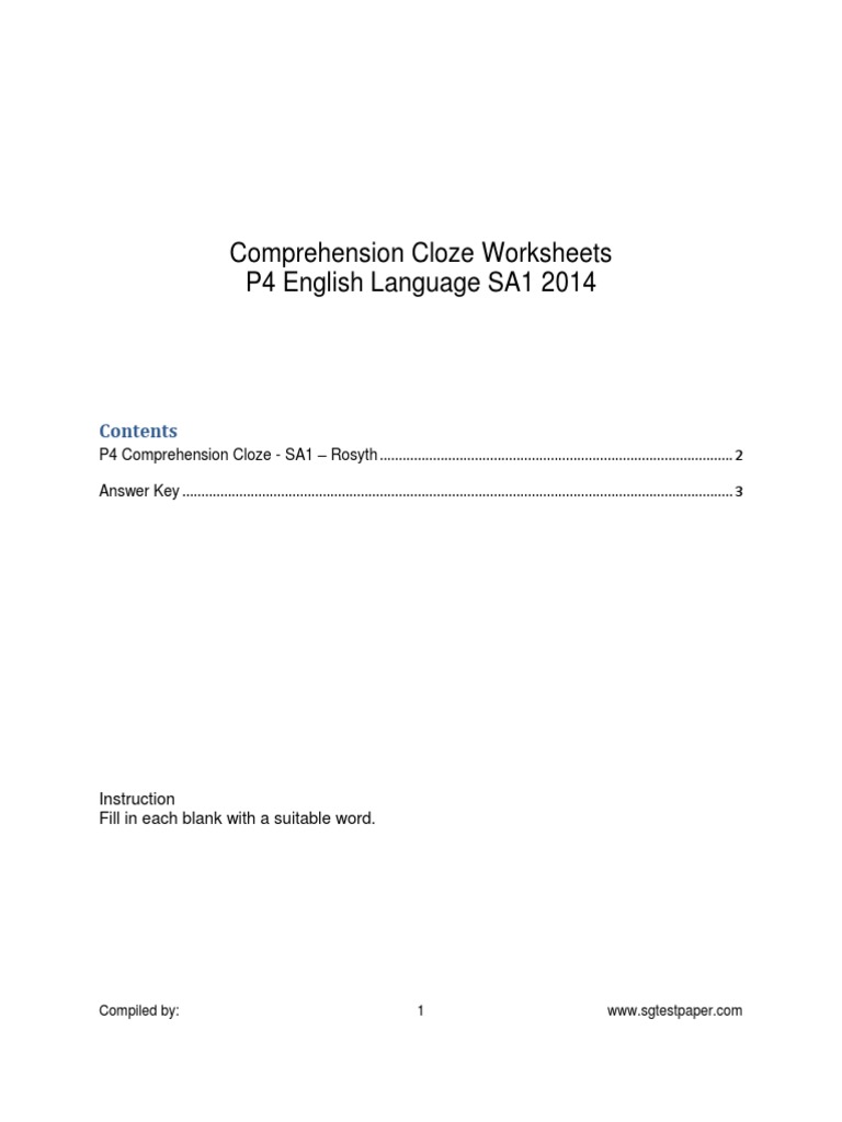 P4 Comprehension Cloze Worksheet SA1 2014 | PDF