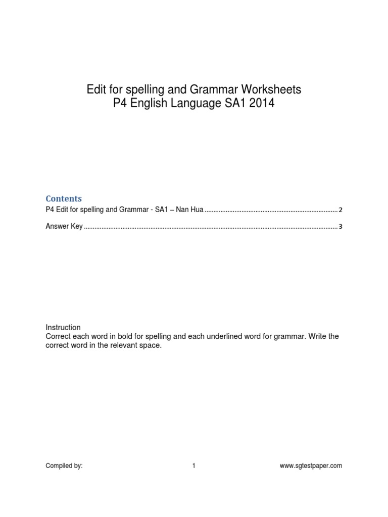 P4 Edit and Grammar Worksheet SA1 2014 PDF | PDF