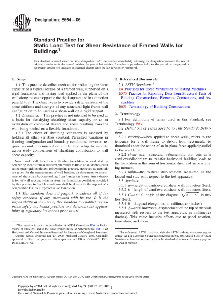 Astm E564 | PDF | Deformation (Mechanics) | Framing (Construction)