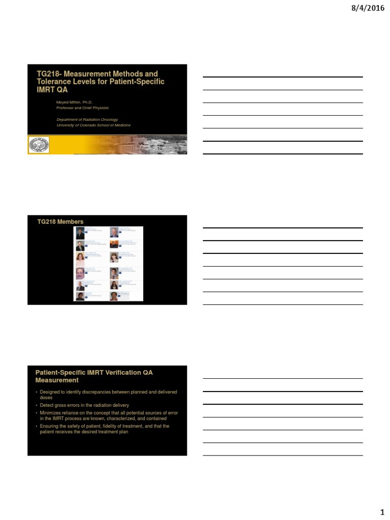 TG 218 Tolerance and Measurement Methods IMRT | PDF | Radiation Therapy | Dose (Biochemistry)