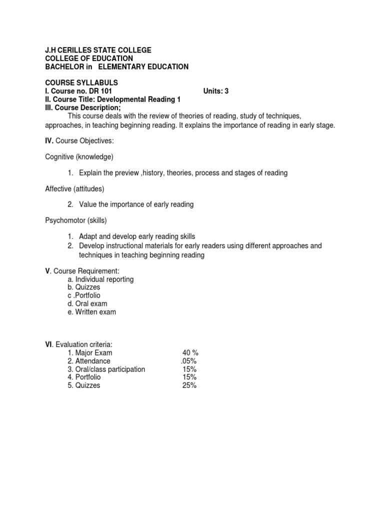 Syllabuls in Developmental Reading 101 | PDF | Reading (Process ...
