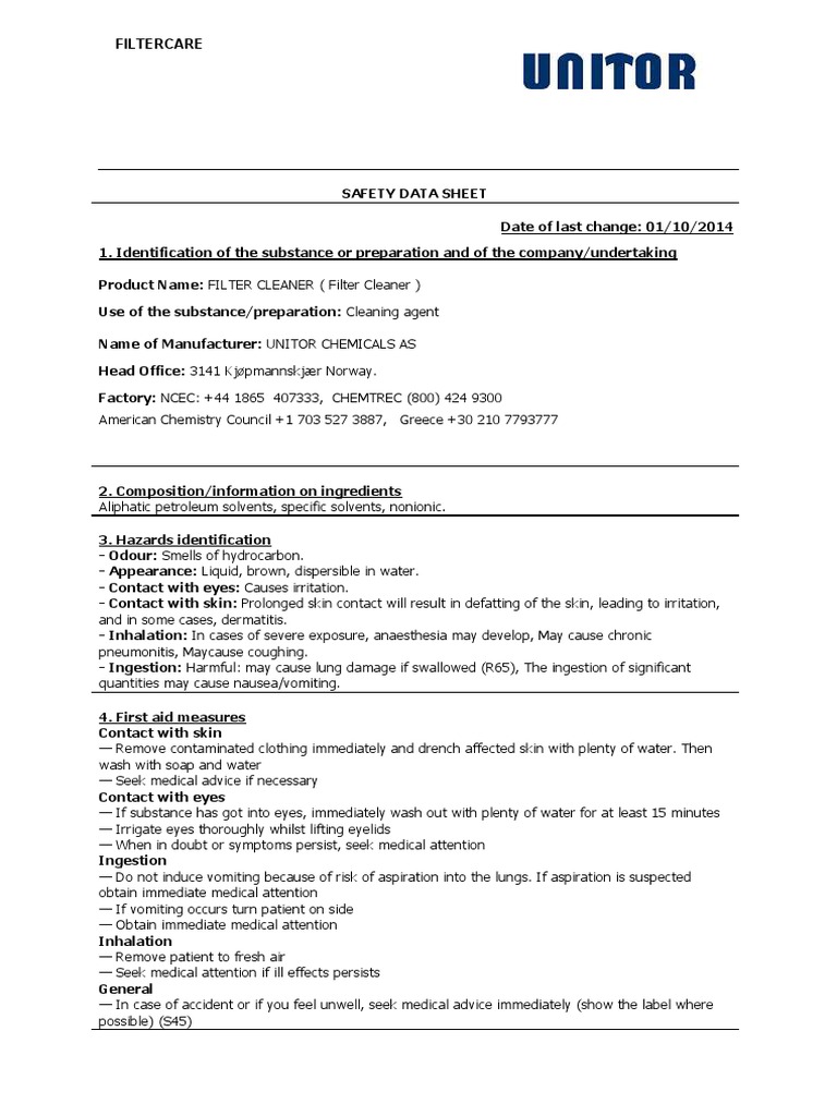 Filter Cleaner Msds - Eng | PDF | Solvent | Personal Protective Equipment